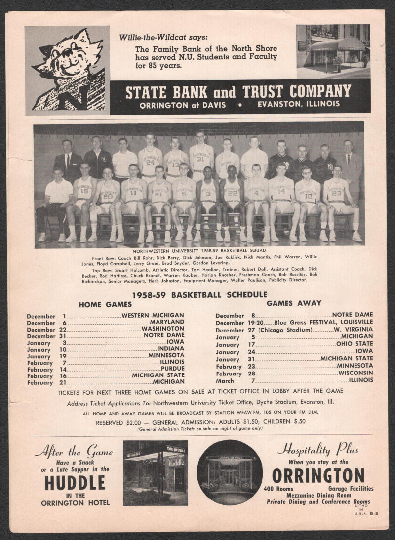 1958 Northwestern vs. Notre Dame McGaw Memorial Hall Basketball Progra ...