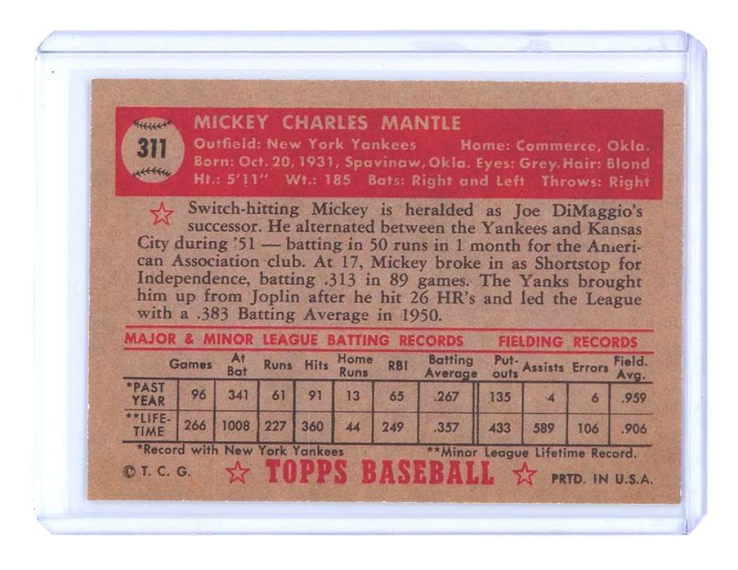 1952 topps #311 MICKEY MANTLE new york yankees reprint rookie card ...