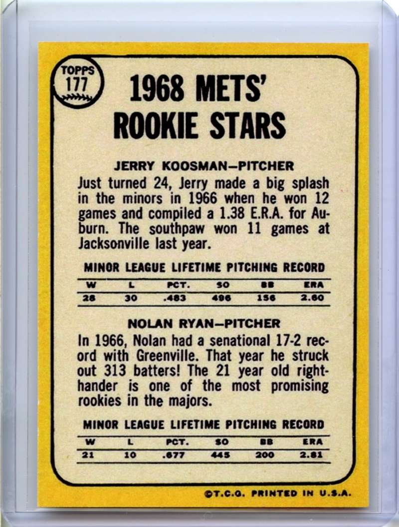 Nolan Ryan Rookie Card 1968 Topps Reprint #177 New York Mets ...
