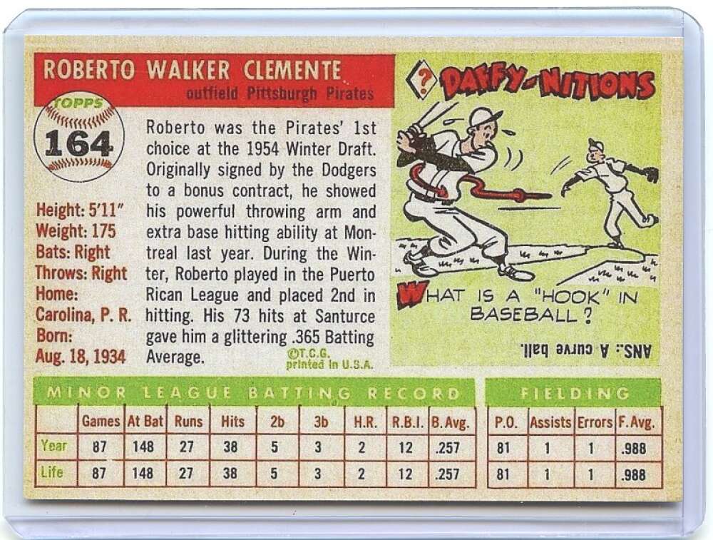 Roberto Clemente Rookie Card 1955 Topps #164 Pittsburgh Pirates REPRIN ...
