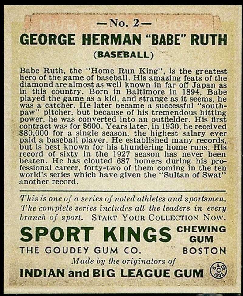 Babe Ruth Rookie REPRINT Card 1933 Sport Kings #2 ...