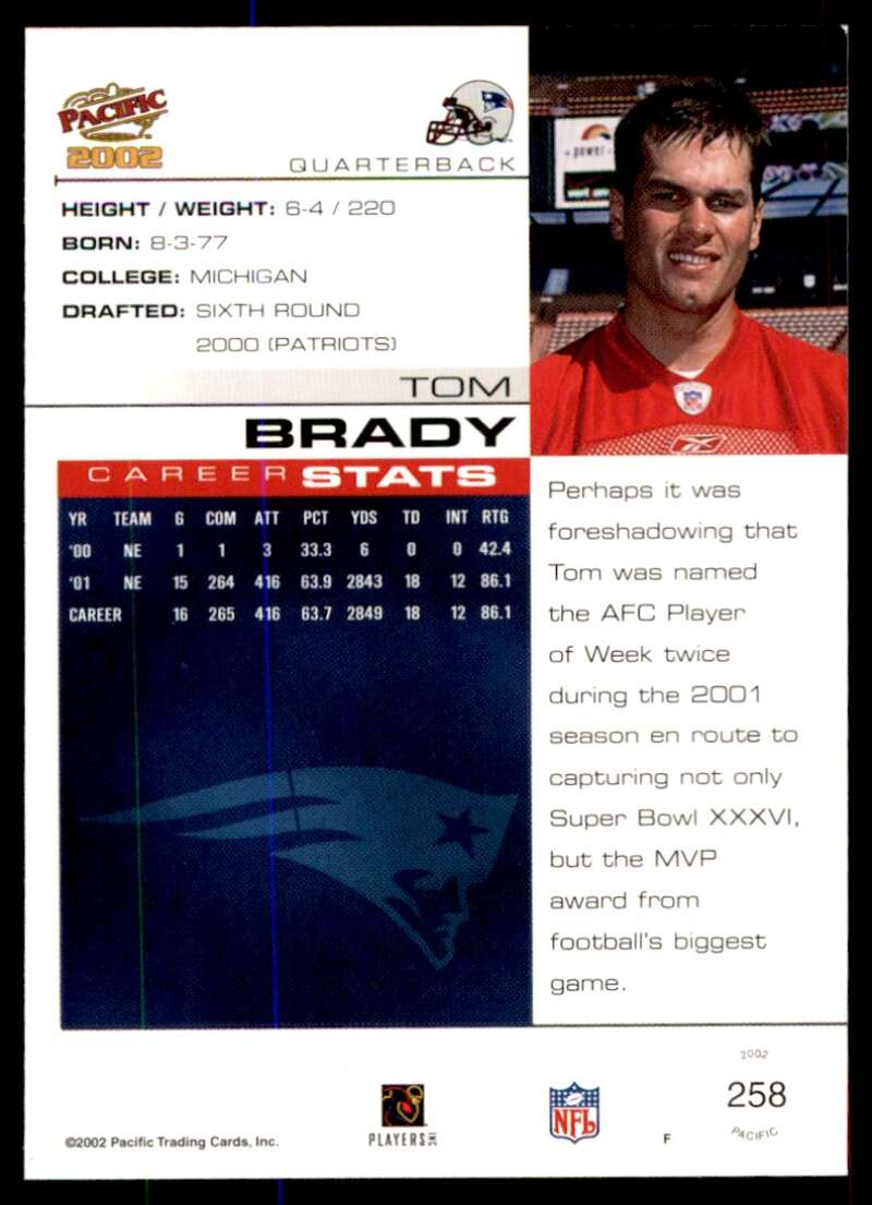 Tom Brady Card 2002 Pacific #258 – SUPERIORSPORTSINVESTMENTS.COM
